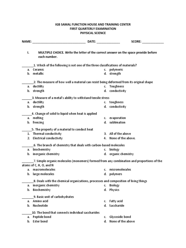2nd Physical Science Exam | PDF | Macromolecules | Glucose