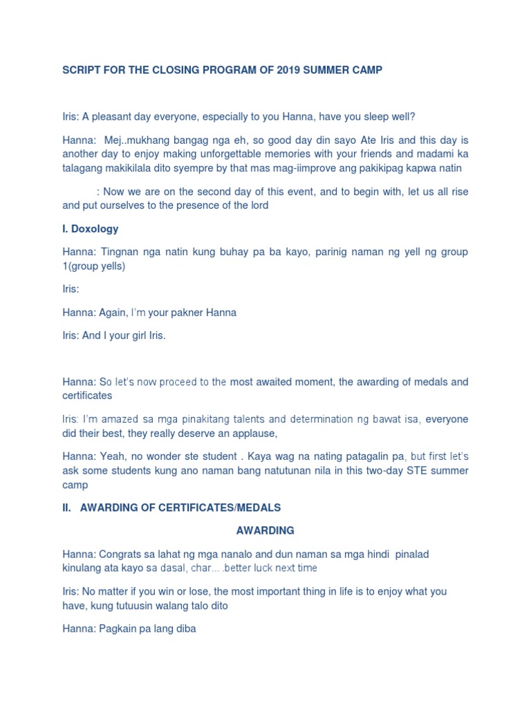 Script For The Closing Program of 2019 Summer Camp | PDF | Home & Garden