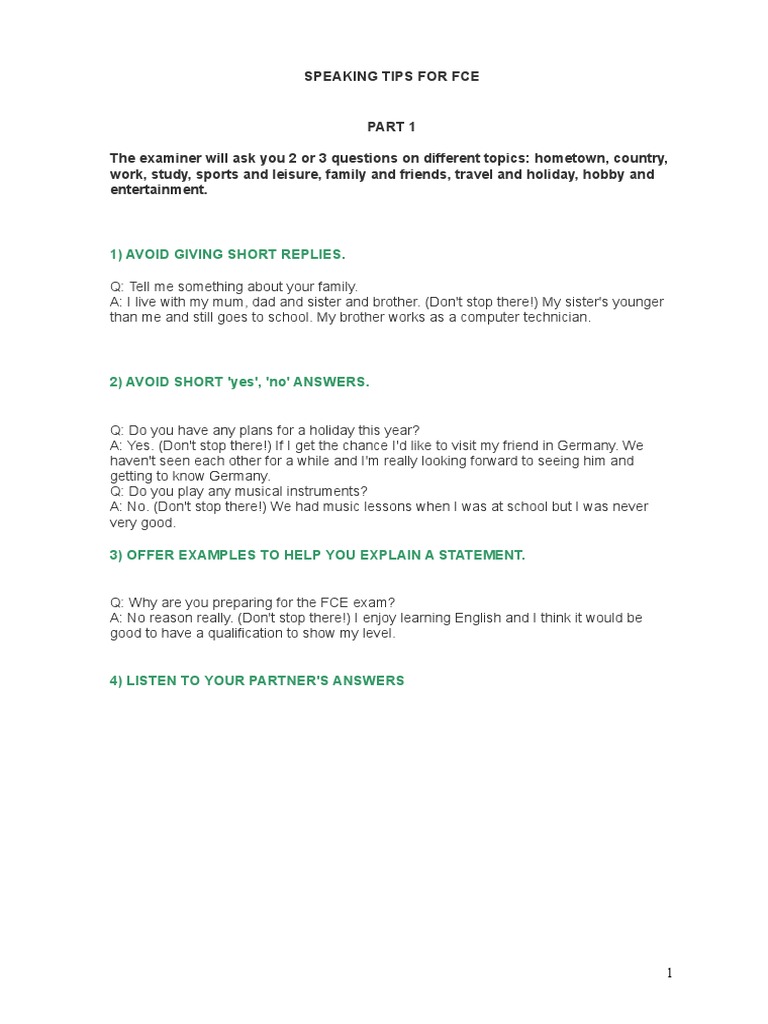 Fce Speaking Tips For Fce | PDF | Question | Verb