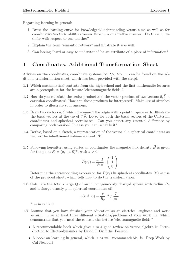 Electromagnetic Fields I Exercise 1 | PDF | Coordinate System | Euclidean Vector
