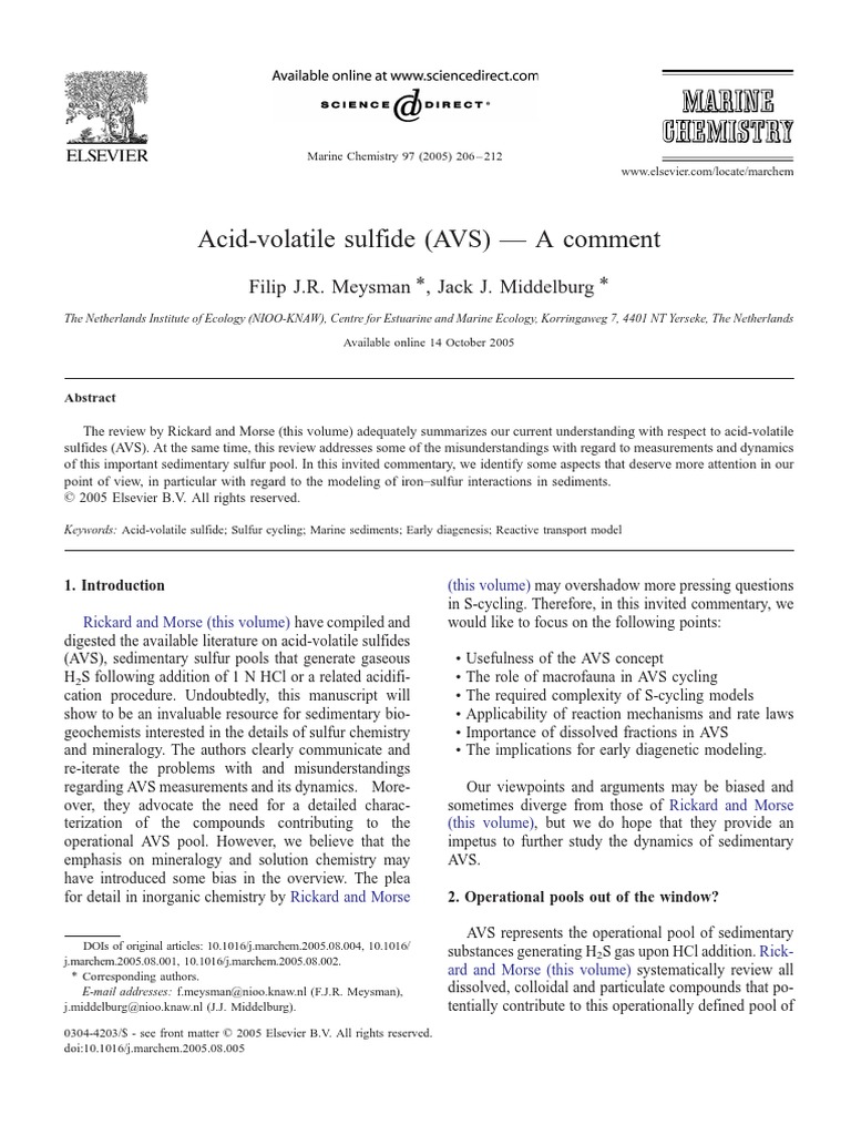 Acid-Volatile Sulfide (AVS) - A Comment: Filip J.R. Meysman, Jack J ...