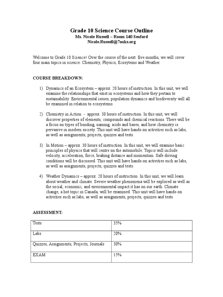 Grade 10 Science Course Outline | Download Free PDF | Test (Assessment ...