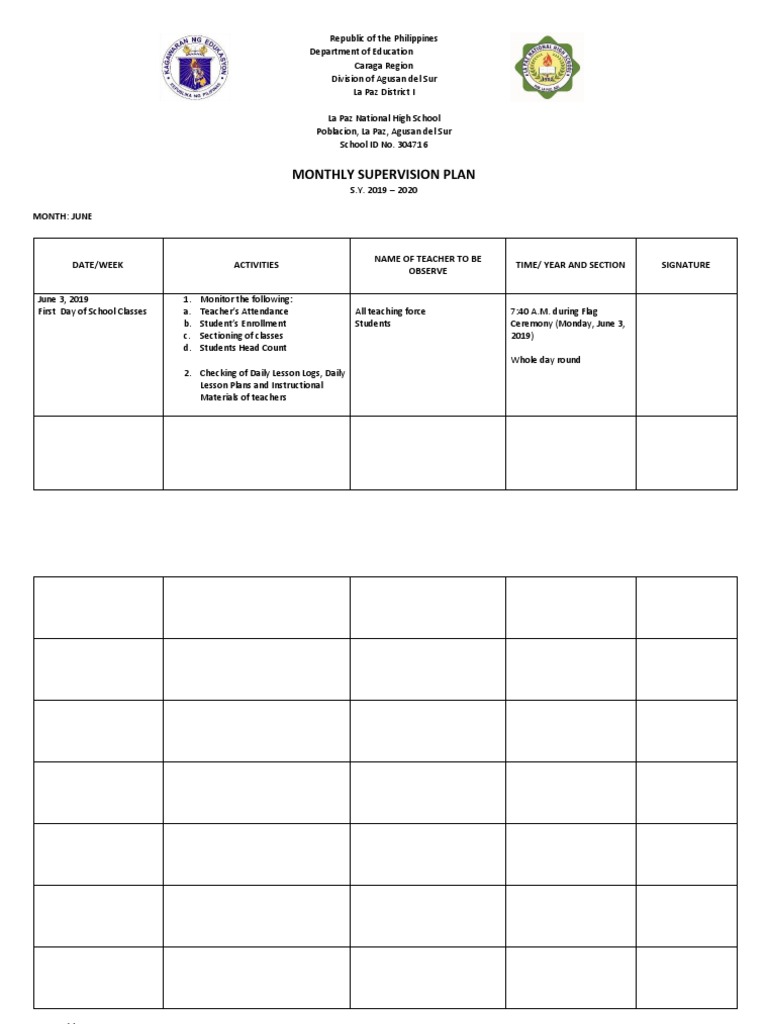 Monthly Supervision Plan: Month: June | PDF | Teachers | Learning
