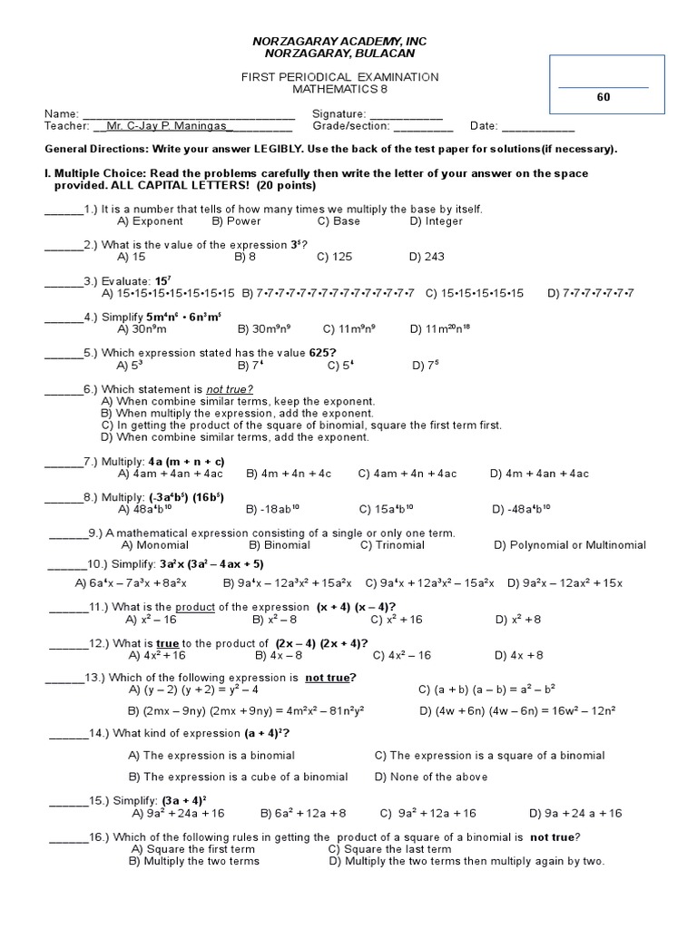 Grade 4 Math First Period Exam | PDF | Exponentiation | Numbers