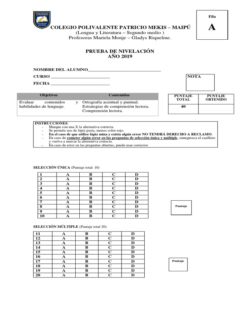 Prueba De Nivelación 2 Medio Fila A Pdf