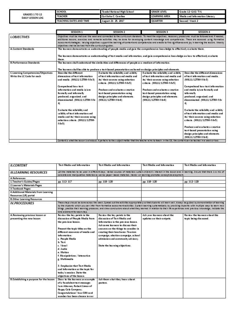 Grade 12 Media Literacy Lesson Plan | PDF | Information Literacy | Learning