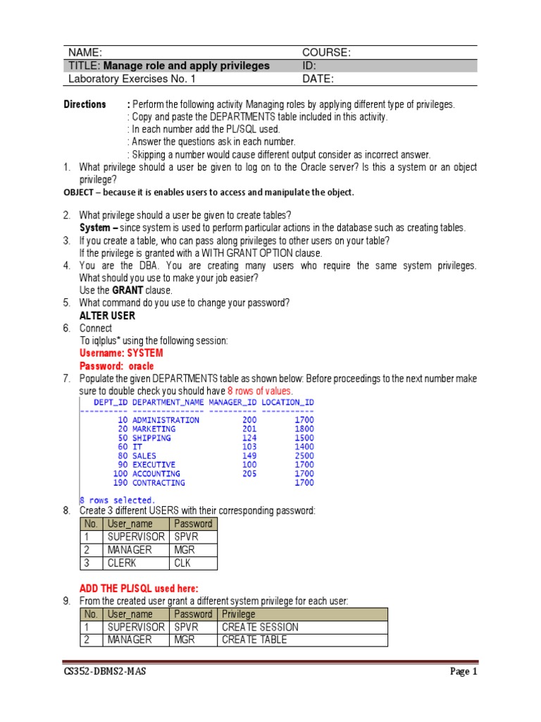 Laboratory Exercise1 - Managing Users and Roles | PDF | Oracle Database | Pl/Sql