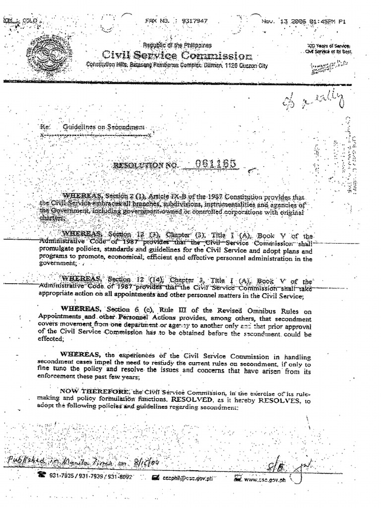 CSC Resolution No. 061165 Guidelines On Secondment | PDF