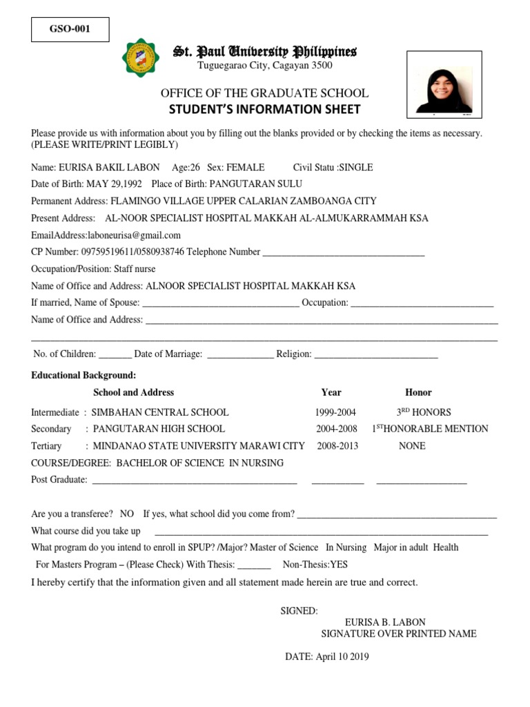 Student'S Information Sheet: St. Paul University Philippines | PDF ...