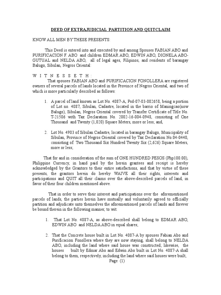 DEED OF EXTRAJUDICIAL SETTLEMENT AND PARTITION and Quitclaim | PDF ...