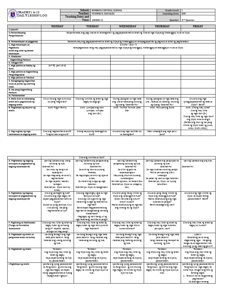 Grade 1 DLL Esp q4 Week 1 | PDF