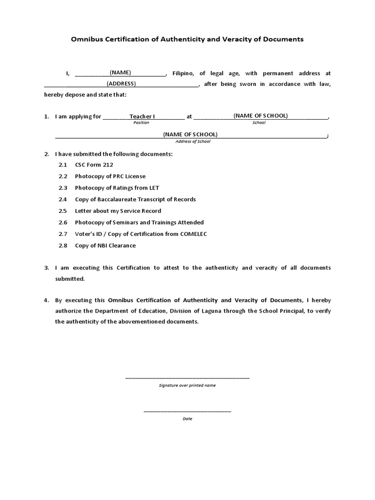 Omnibus Certification for Teacher Application | PDF | Authentication ...