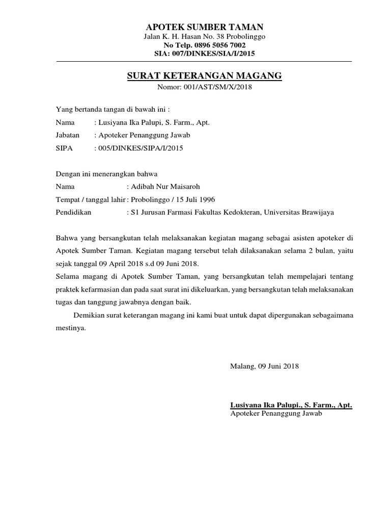 Surat Keterangan Magang | PDF
