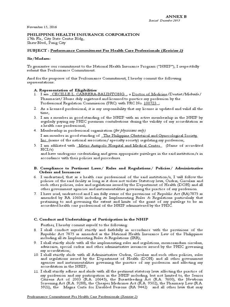 Performance Commitment For Professionals | PDF | Profession | Health ...