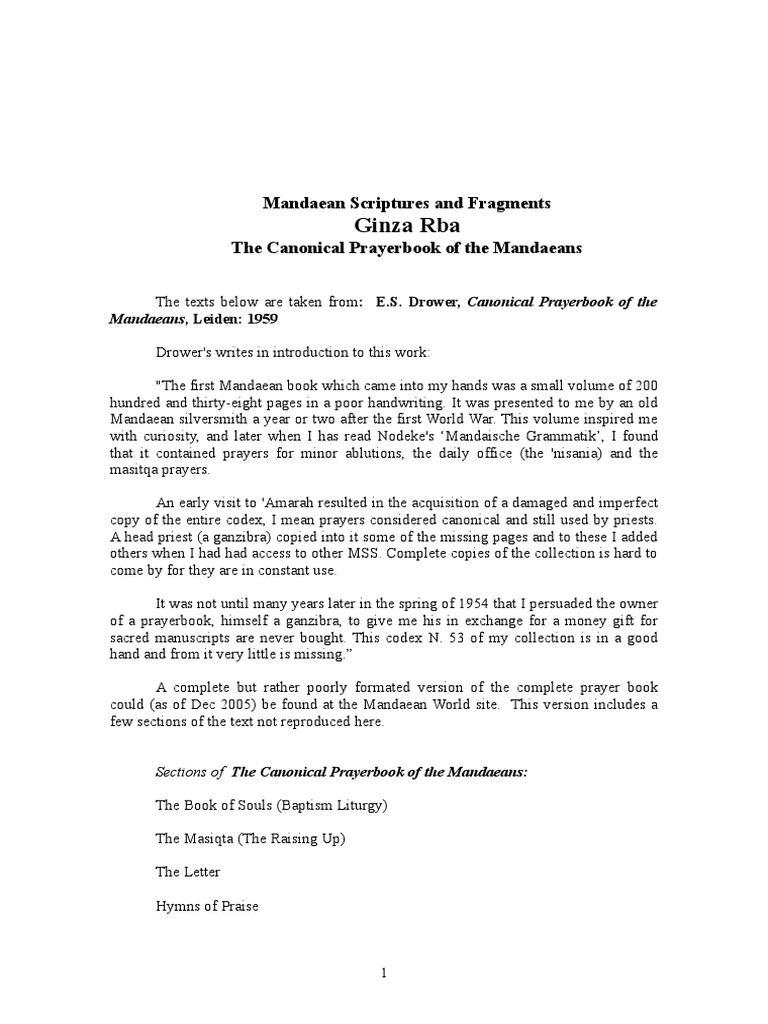 Ginza Rba: Mandaean Scriptures and Fragments The Canonical Prayerbook ...