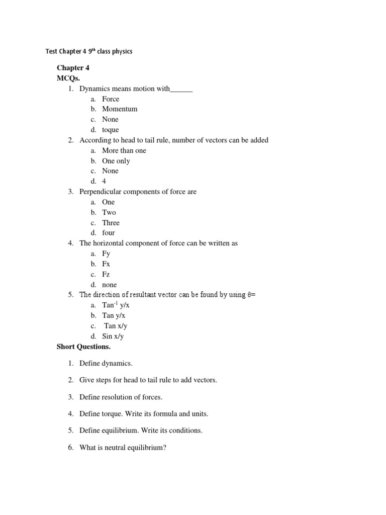 Physics Class 9 Chapter 4 MCQs | PDF | Teaching Methods & Materials