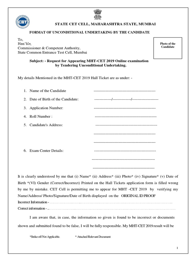State Cet Cell, Maharashtra State, Mumbai: Format of Unconditional ...