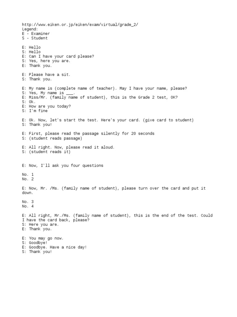 Eiken Grade 2 Interview Script | PDF | Language Arts & Discipline