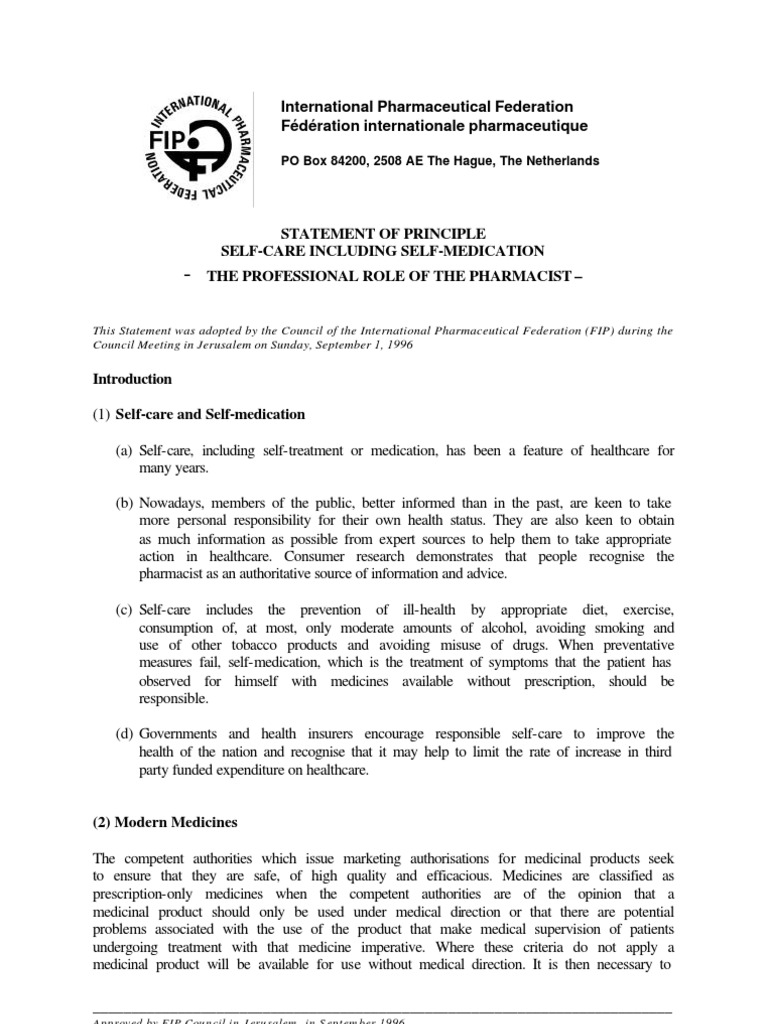 Statement of Principle Self-Care Including Self-Medication - The ...