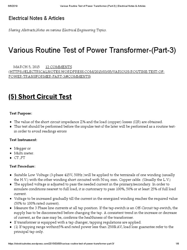 Various Routine Test of Power Transformer - (Part-3) | PDF ...