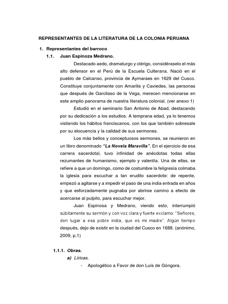 Representantes de la Literatura Colonial | PDF | Poesía