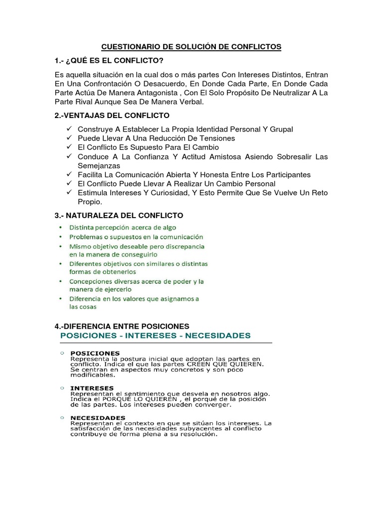 Cuestionario de Solución de Conflictos | PDF | Conflicto (proceso ...