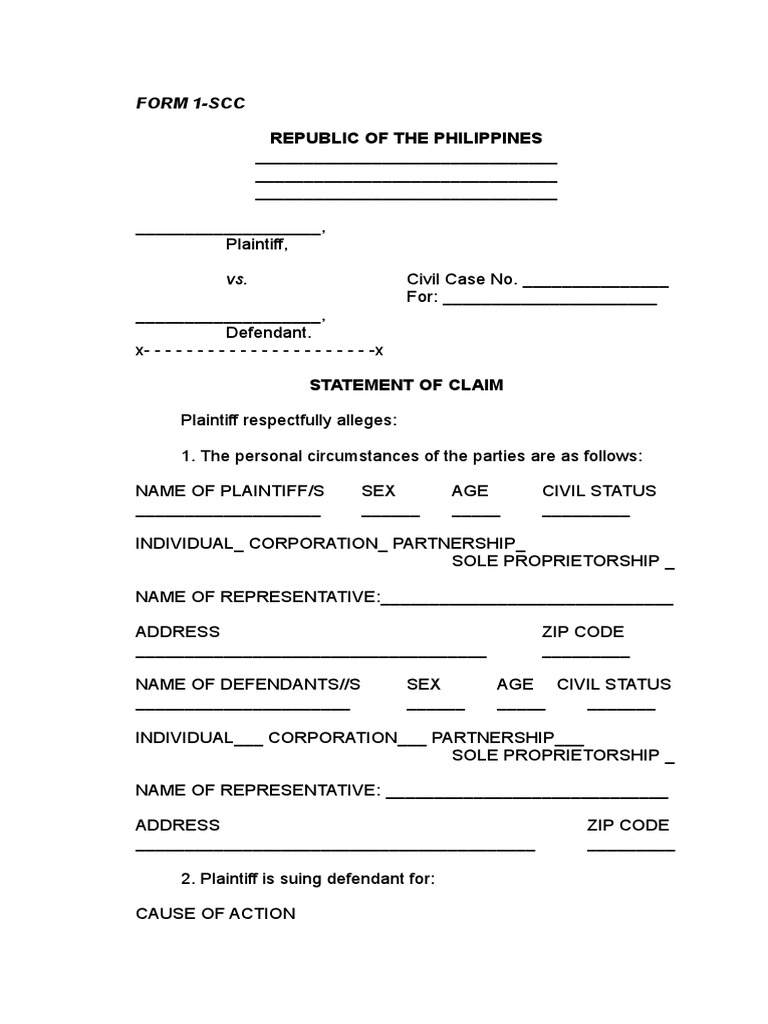 FORM 1 - SCC - StatementOfClaim | Download Free PDF | Plaintiff | Lawsuit