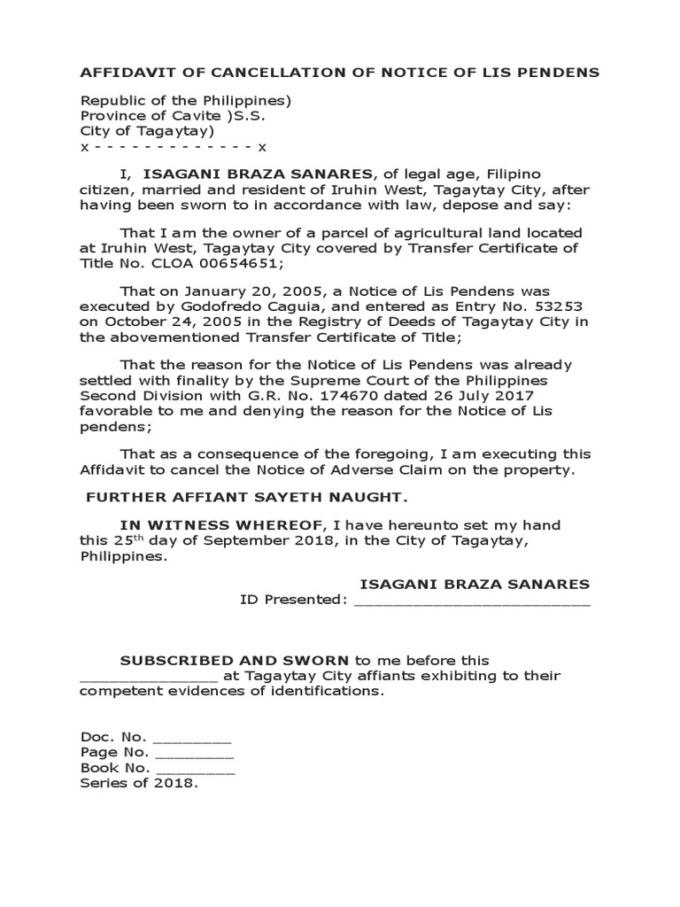 Affidavit of Cancellation of Notice of Lis Pendens | PDF