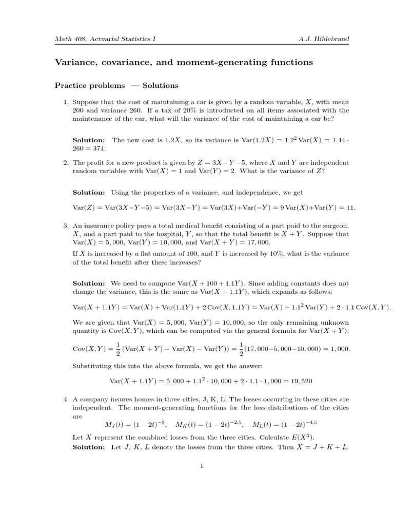 Variance, Covariance, and Moment-Generating Functions: Practice ...