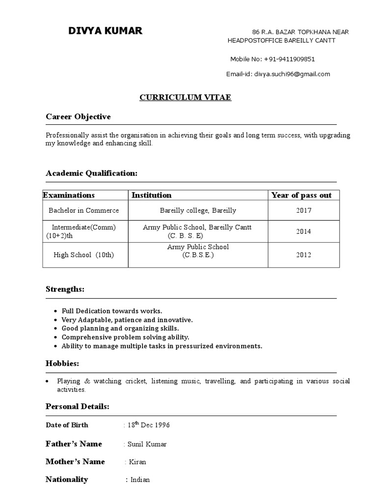 Divya Kumar: Curriculum Vitae Career Objective | PDF | Pedagogy | Communication