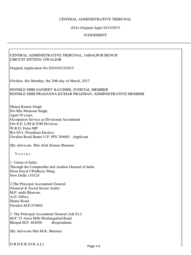 CAT Jabalpur Manoj KR Singh | PDF | Government Information | Government