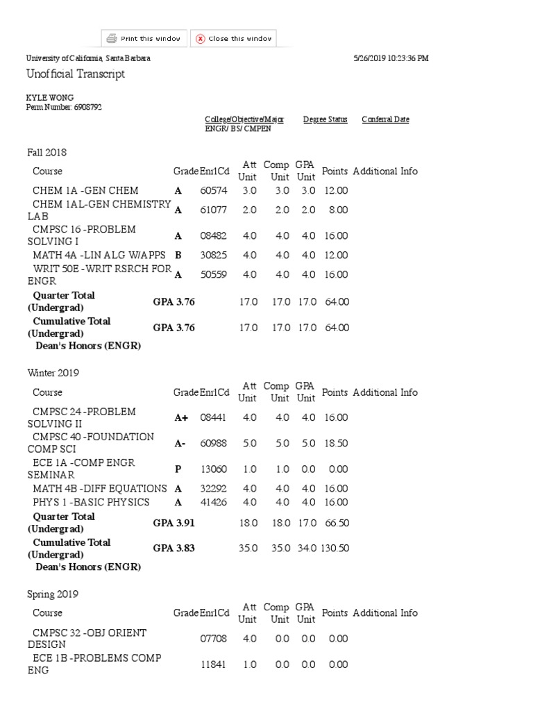 Unofficial Transcript: University of California, Santa Barbara 5/26 ...