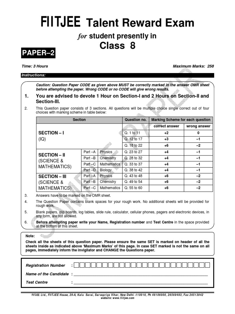 FIITJEE Talent Reward Exam for Class 8 | PDF