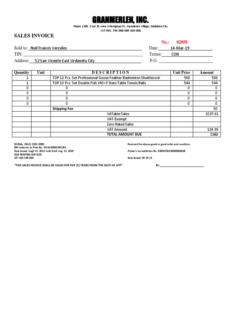 Sales Invoice | PDF | Invoice | Racquet Sports