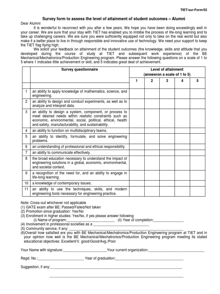 Survey Form To Assess The Level of Attainment of Student Outcomes ...