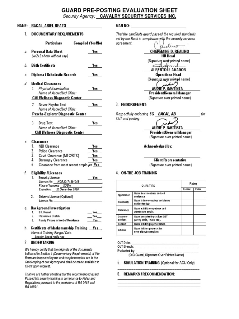 Guard Pre-Posting Evaluation Sheet: Security Agency: Cavalry Security ...