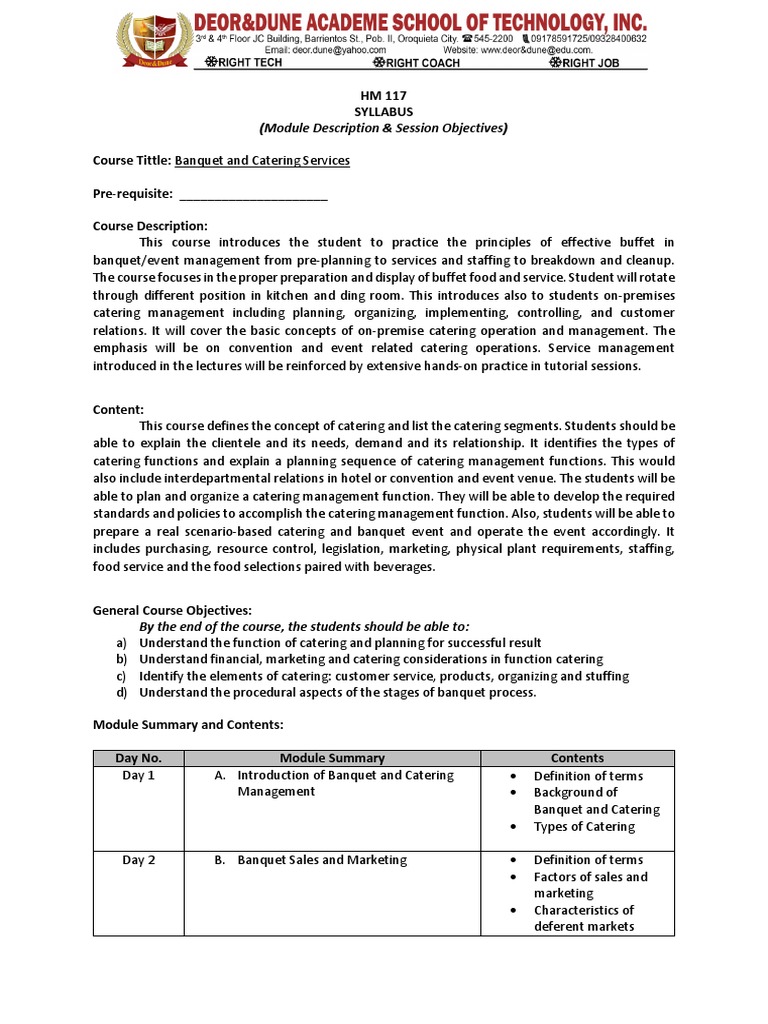 HM 117 Syllabus | PDF | Marketing | Foods