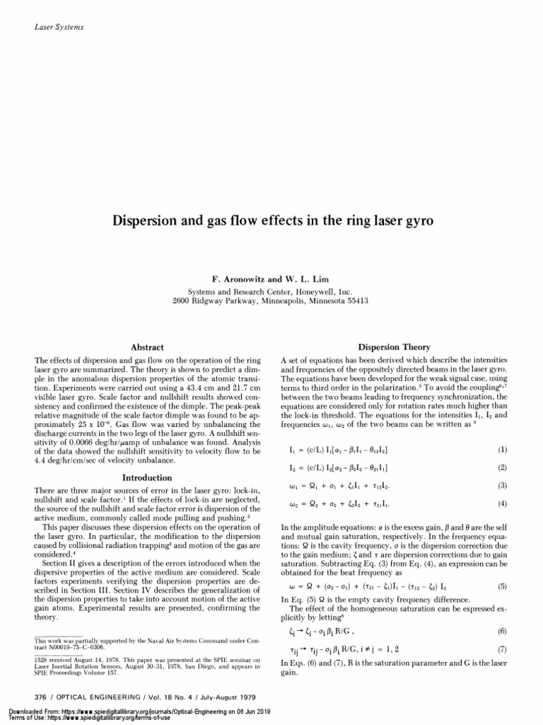 Dispersion and Gas Flow Effects in The Ring Laser Gyro | Download Free PDF | Dispersion (Optics ...
