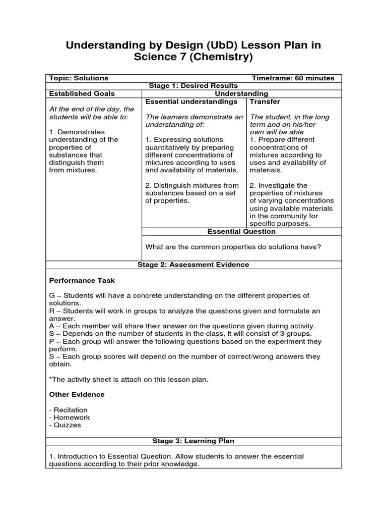 Understanding by Design Lesson Plan in Science 7 (Chemistry) | Download ...
