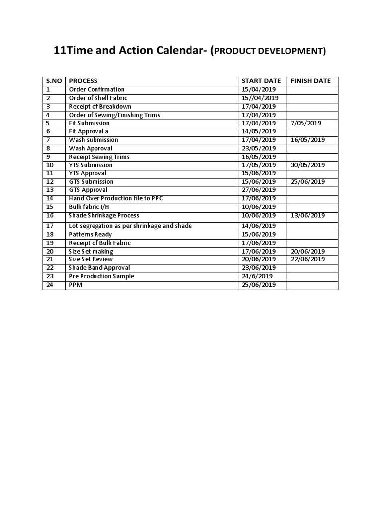 11time and Action Calendar - (: Product Development) | PDF | Textiles ...