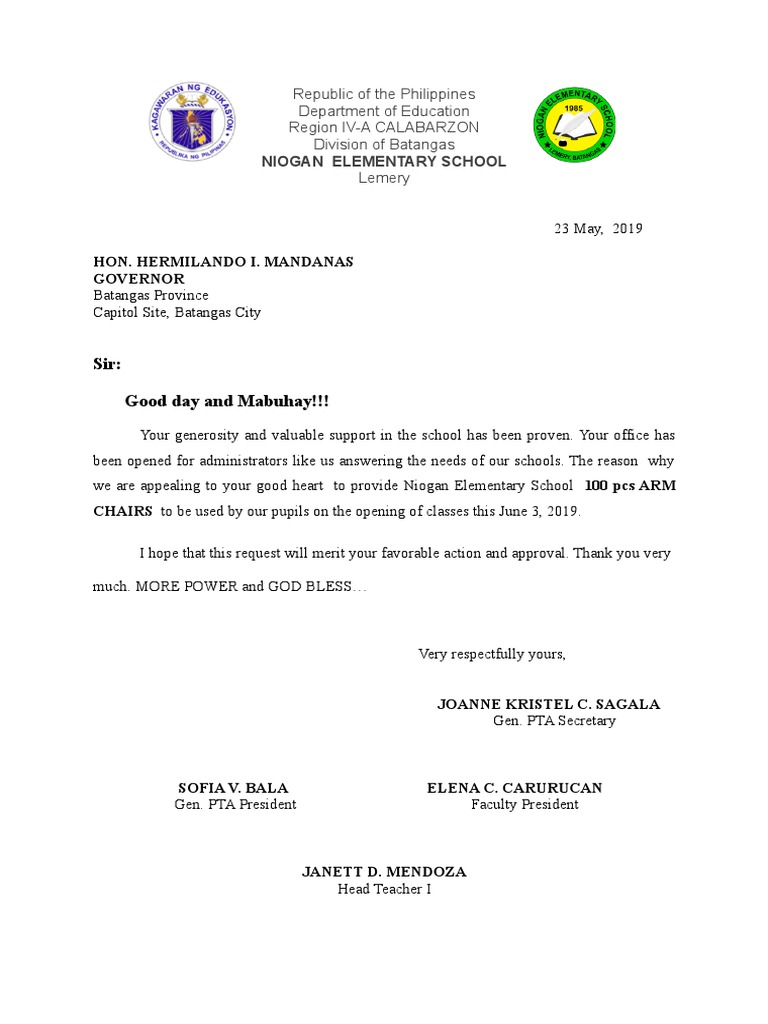 Request for 100 Arm Chairs for Niogan Elementary School Students | PDF
