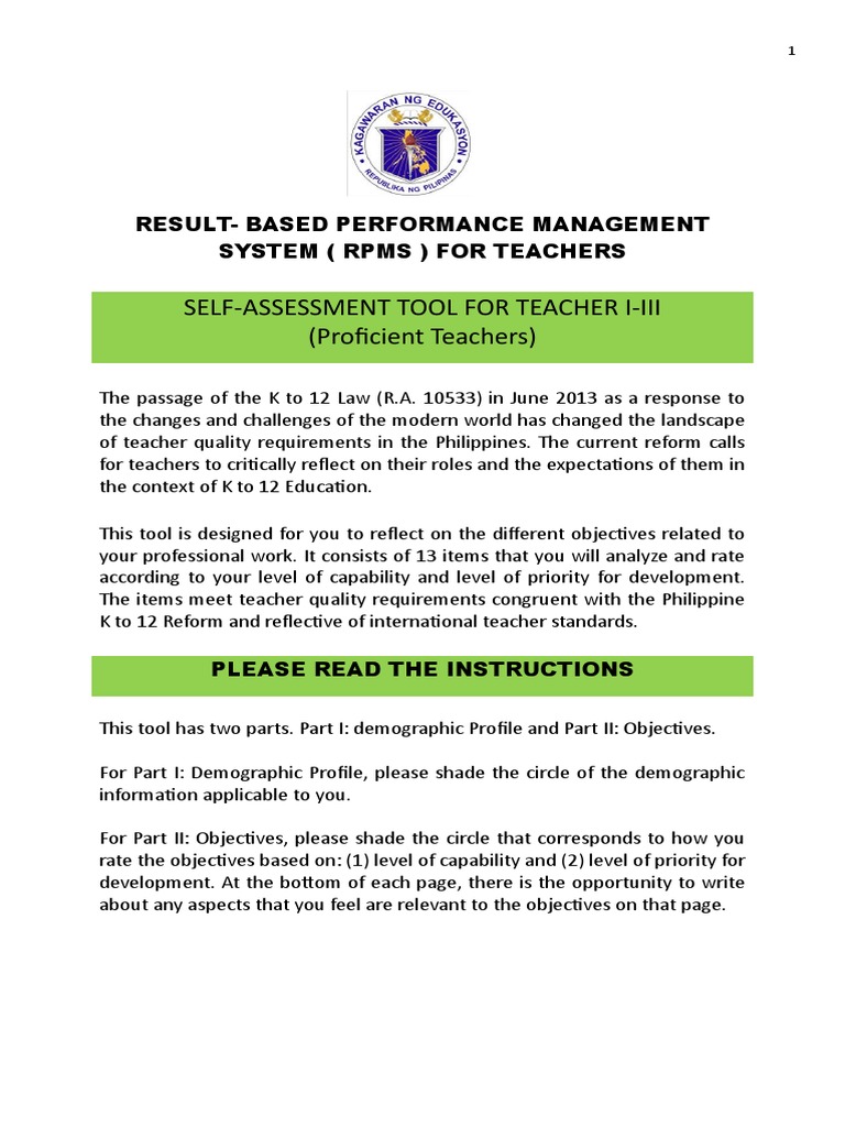Self-Assessment Tool For Teacher I-Iii (Proficient Teachers) | PDF ...