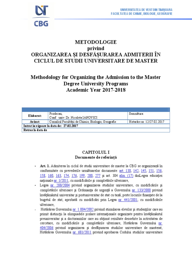 CBG Metodologie Admitere Master .Doc 1 | PDF