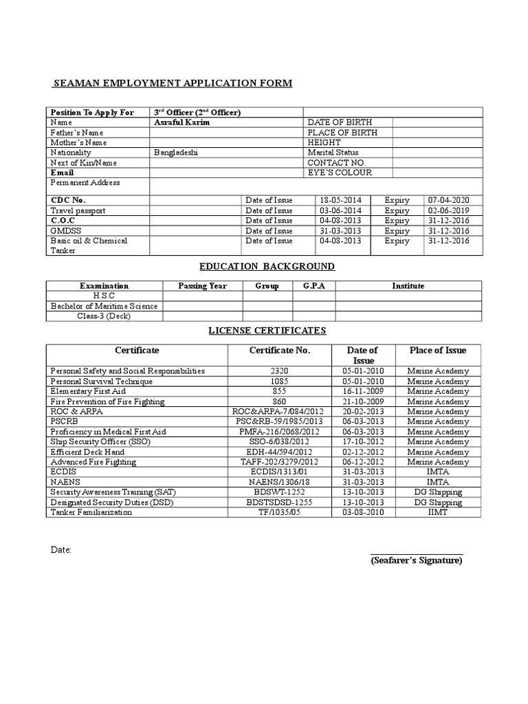 Seaman Employment Application Form | PDF | Sailor | Shipping