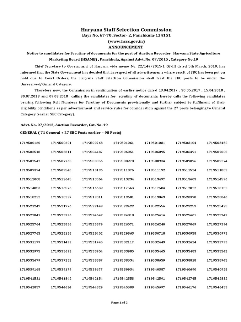Haryana Staff Selection Commission: (WWW - Hssc.gov - In) Bays No. 67 ...