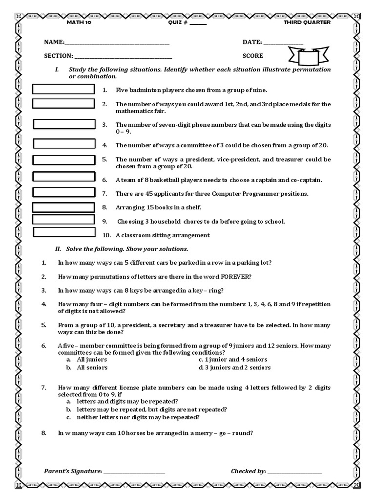 NAME: - DATE: - SECTION: - Score | PDF | Permutation | Teaching Mathematics