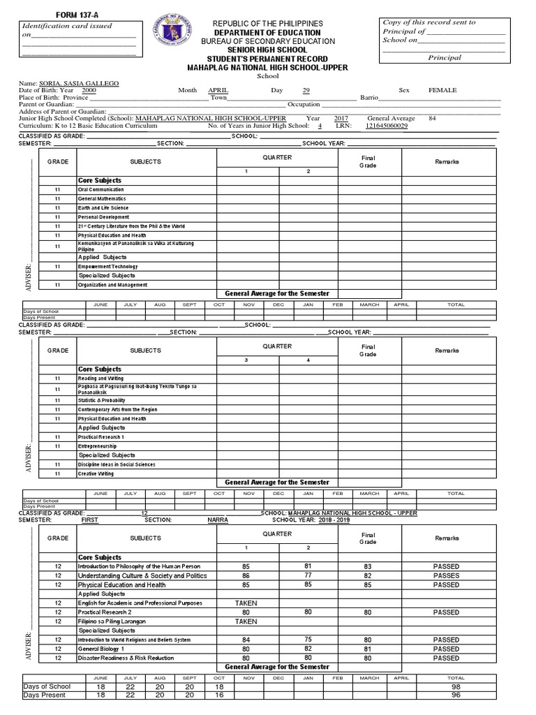 Form 137-A Senior High School Student Record | PDF | Middle Schools ...