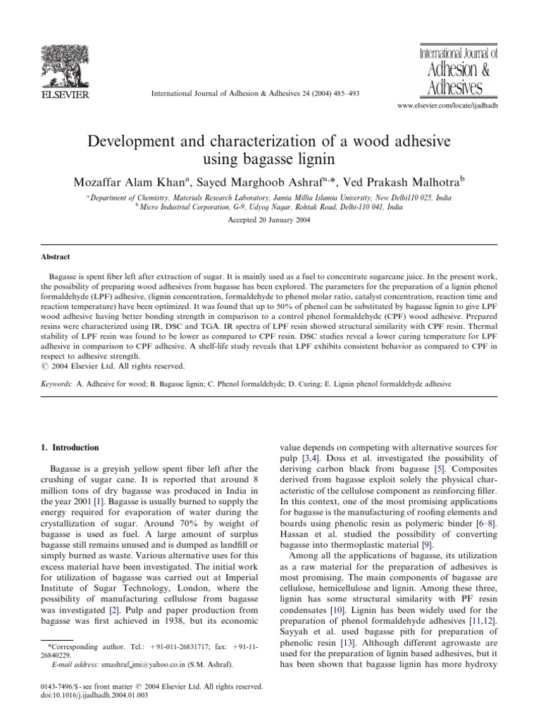 Development and Characterization of A Wood Adhesive Using Bagasse ...