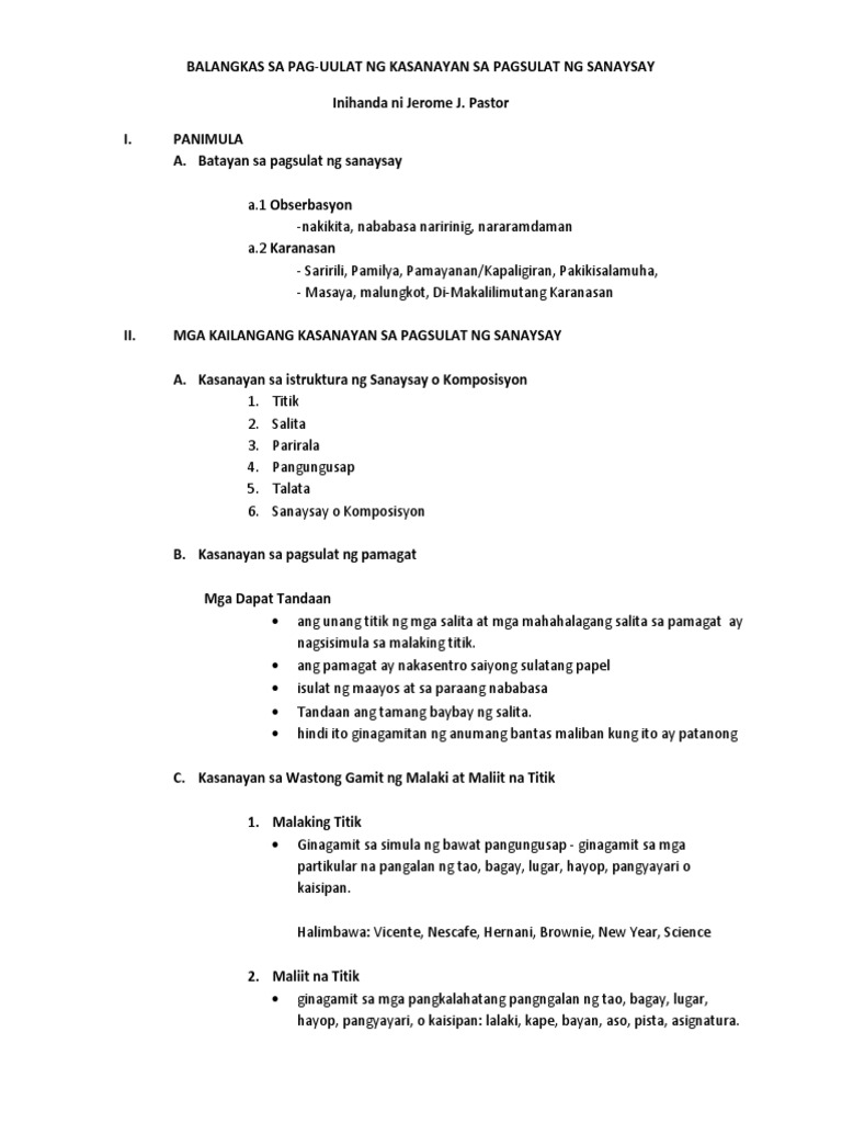 BALANGKAS NG Ulat Sa Pagsulat NG Sanaysay | PDF