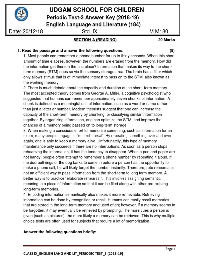 Pt-3 Ix Answer Key | PDF | Memory | Recall (Memory)